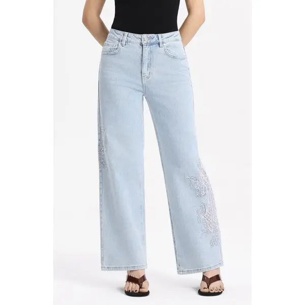 BAYEAS Embroidered High Waist Relaxed Straight Leg Jeans - Light Blue