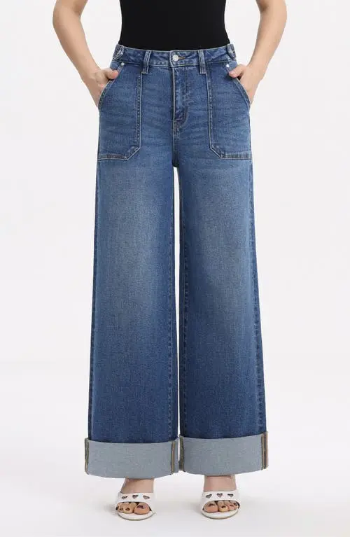 BAYEAS Super High Waist Wide Leg Utility Jeans - Medium Blue