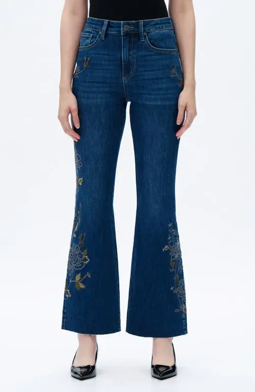 BAYEAS Embroidered Raw Hem High Waist Flare Jeans - Dark Blue