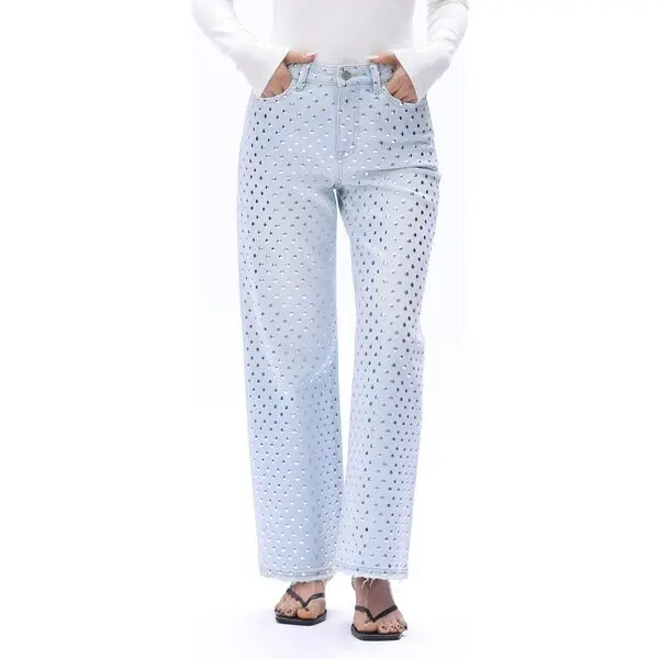 BAYEAS Studded High Waist Straight Leg Jeans - Light Blue