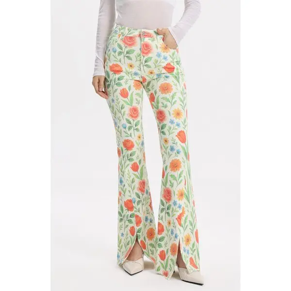 BAYEAS Floral High Waist Slit Hem Flare Jeans - Wild Bloom Whisper