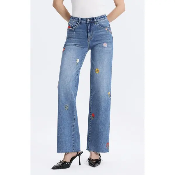 BAYEAS Embroidered Raw Hem Mid Rise Wide Leg Jeans - Medium Blue