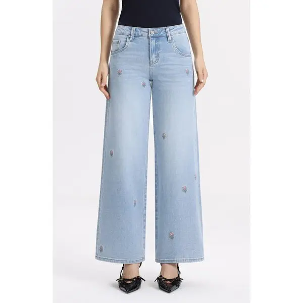 BAYEAS Embroidered Mid Rise Wide Leg Jeans - Light Blue