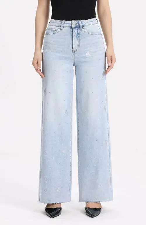 BAYEAS Embellished Raw Hem High Waist Wide Leg Jeans - Light Blue