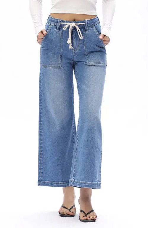 BAYEAS Drawstring High Waist Ankle Wide Leg Jeans - Medium Blue