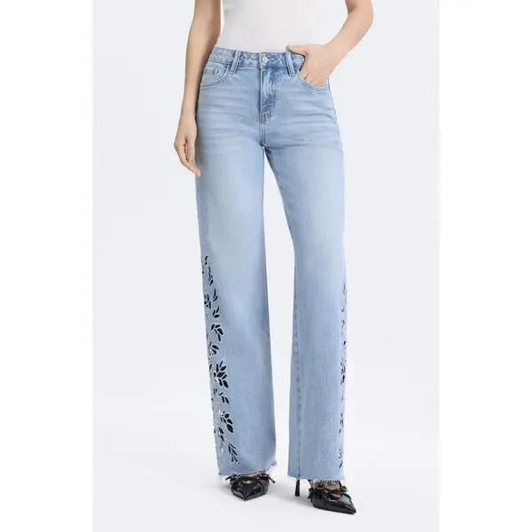 BAYEAS Floral Raw Hem Straight Leg Jeans - Light Blue