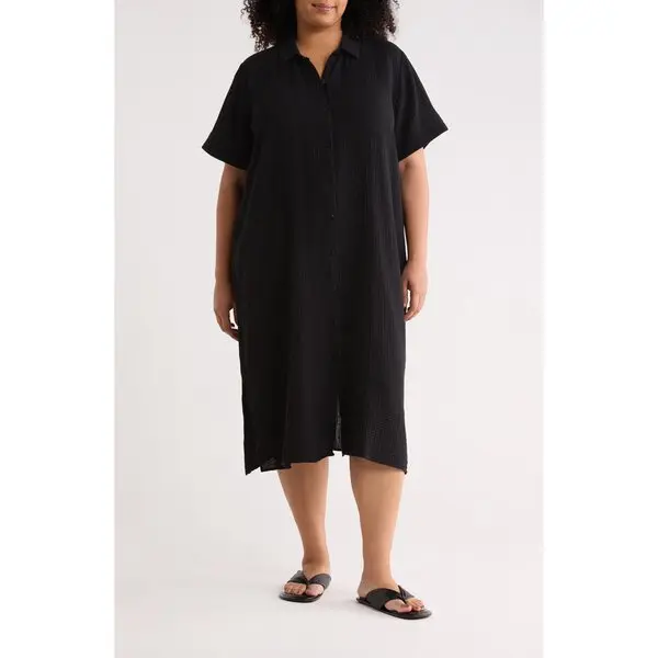 Eileen Fisher Classic Collar Organic Cotton Midi Shirtdress - Black