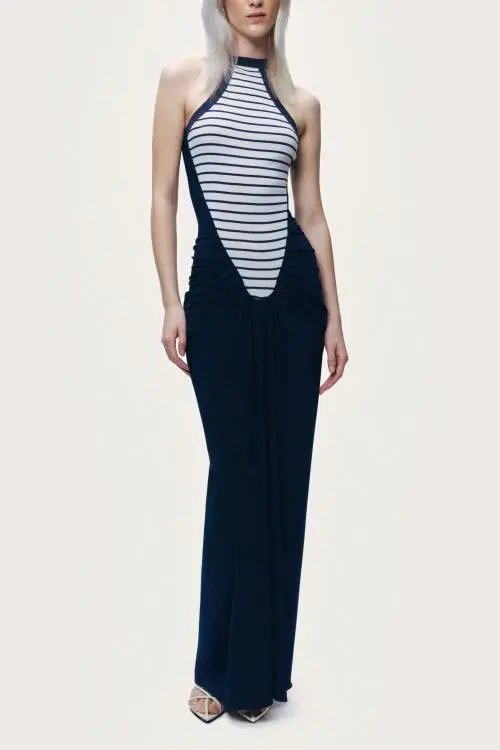 NOCTURNE Stripe Draped Halter Neck Maxi Dress - Multi-colored