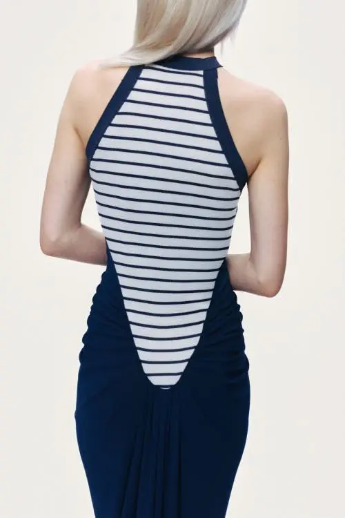 NOCTURNE Stripe Draped Halter Neck Maxi Dress