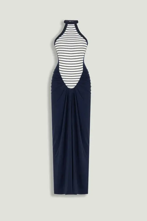 NOCTURNE Stripe Draped Halter Neck Maxi Dress