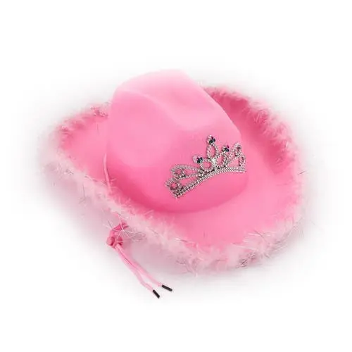 ZINK Cowboy Hat With Tiara Cowgirl Hat With Adjustable Chin Strap And Feather Trimming - Pink