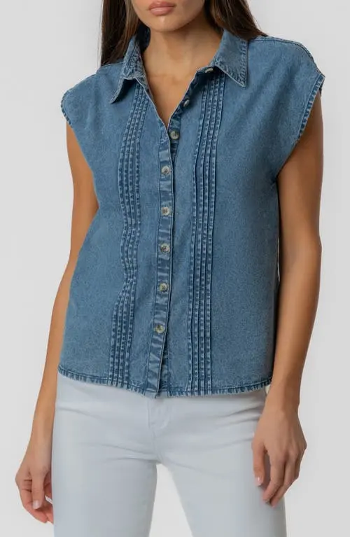 Kut From The Kloth Penelope Pintuck Cap Sleeve Denim Shirt - Beaming