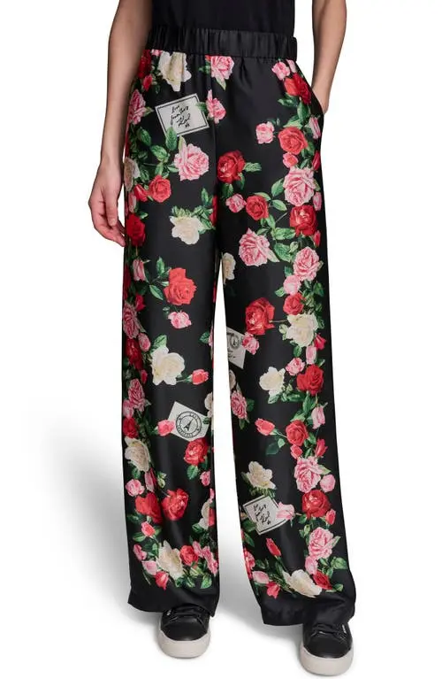 Karl Lagerfeld Paris Floral Satin Pants - Black Multi