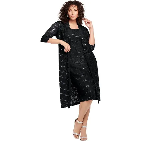 ROAMAN'S 3/4 Sleeve Formal Duster Sequin Embellished Lace Dress Set - Black