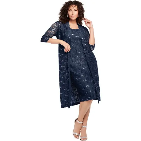 ROAMAN'S 3/4 Sleeve Formal Duster Sequin Embellished Lace Dress Set - Navy
