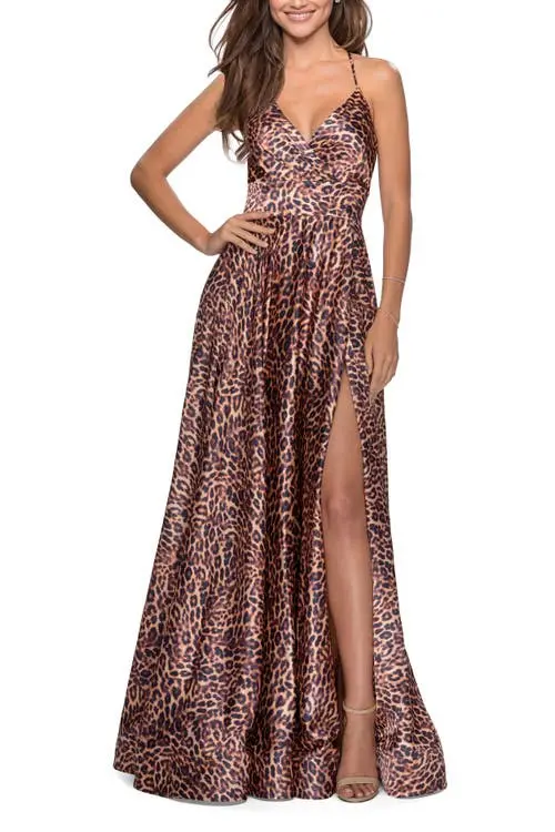La Femme Print A-line Prom Gown With Tie Up Back - Leopard