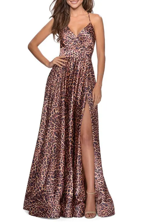 La Femme Print A-line Gown With V-neck And Criss-cross Back - Leopard