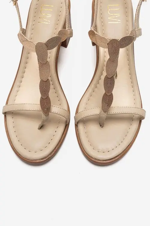 FOREVER & ALWAYS SHOES Serona Leather Block Heel Sandal - Beige