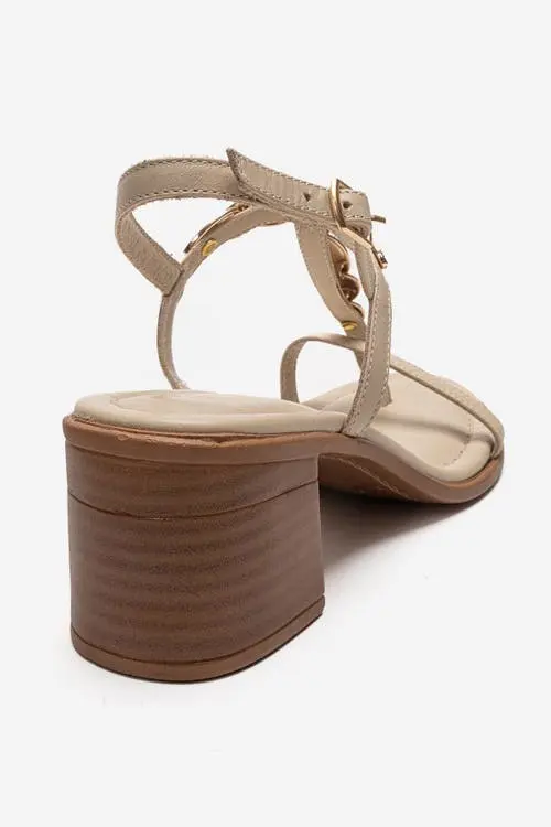 FOREVER & ALWAYS SHOES Serona Leather Block Heel Sandal - Beige