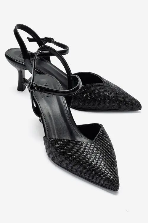 PROLOGUE SHOES Nivora Stiletto Pump With Embellished Ankle Strap - Black Beaded