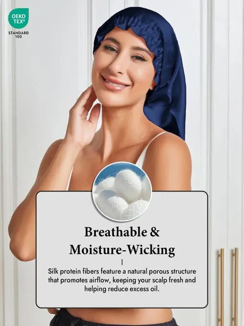 SILKSILKY Long Pure Silk Bonnet - Darkblue