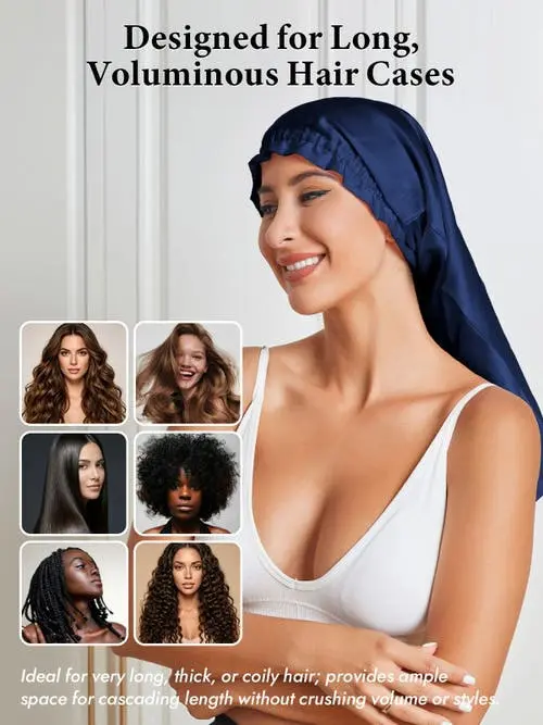 SILKSILKY Long Pure Silk Bonnet - Darkblue