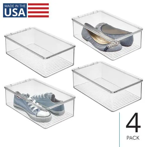 IDESIGN Stackable Plastic Shoe Box With Hinged-lid For Sneakers, Sandals, And Flats, Set Of 4