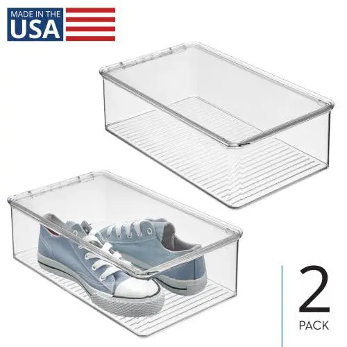 IDESIGN Stackable Plastic Shoe Box With Hinged-lid For Sneakers, Sandals, And Flats, Set Of 2