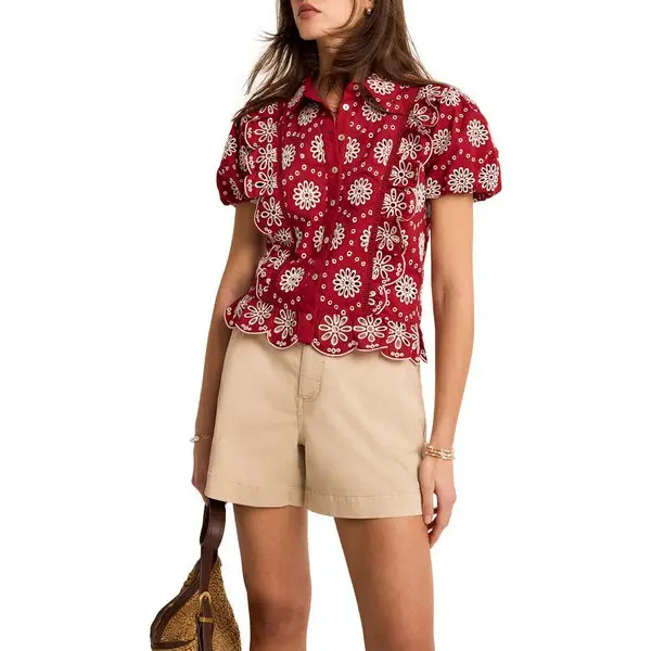 Mint Velvet Eyelet Embroide Puff Sleeve Blouse - Red