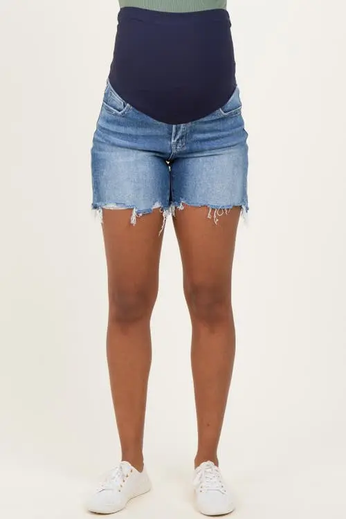PINKBLUSH Maternity Distressed Frayed Hem Denim Shorts