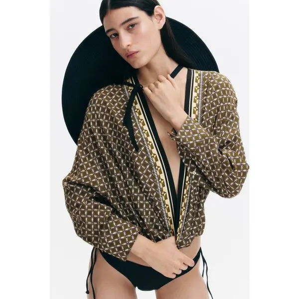 H&m Viscose Wrap Blouse With Geometric Print - Khaki Green/patterned