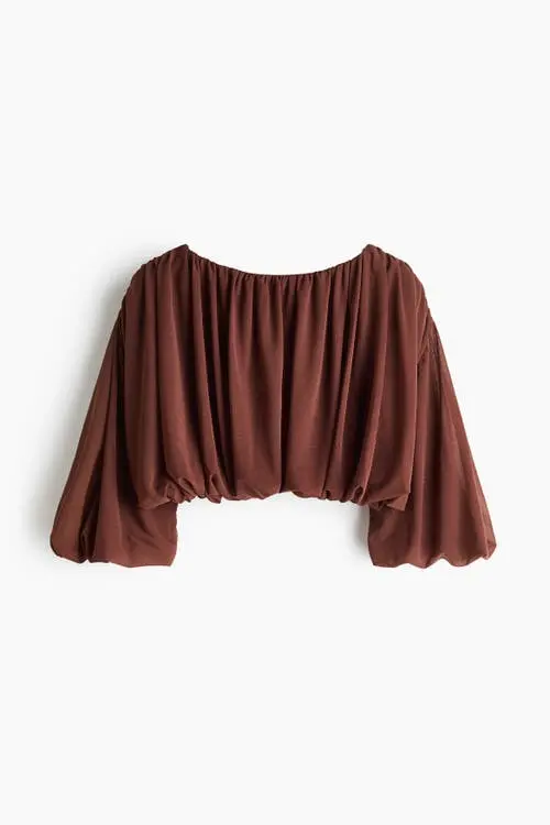 H&m Bubble-hem Cropped Top With 3/4 Balloon Sleeves