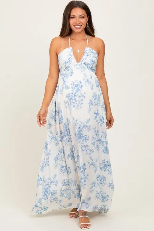 PINKBLUSH Floral Print Halter Neck Maxi Dress - Light Blue