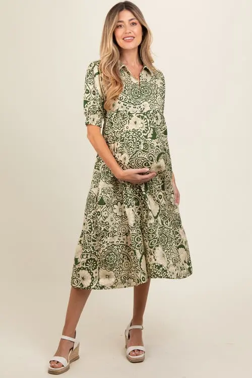 PINKBLUSH Floral Collared Tiered Midi Dress - Olive Green