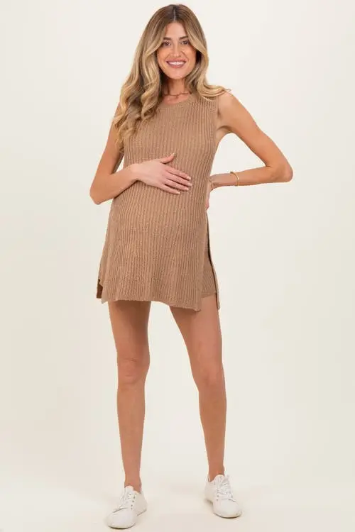 PINKBLUSH Ribbed Knit Sleeveless Top And Shorts Set - Mocha