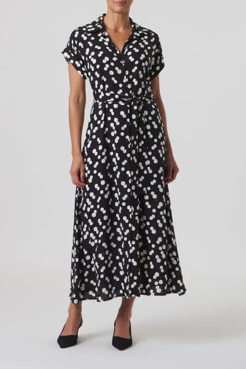 FRANNE GOLDE Sloane Dot Print Belted Shirt Dress - Black