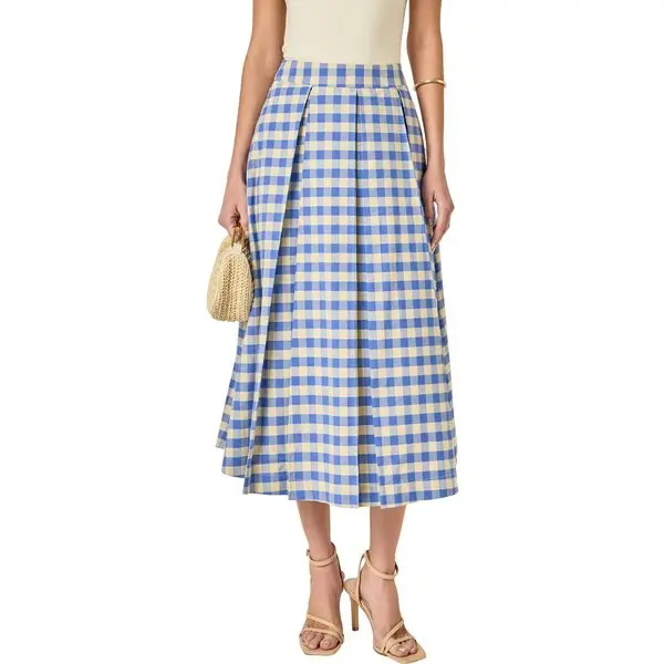 English Factory Checked Cotton Maxi Skirt - Blue Plaid Multi