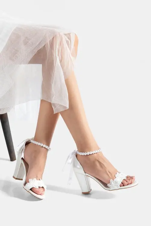 FOREVER & ALWAYS SHOES Elvian Floral Block Heel Bridal Sandals With Pearl Ankle Strap