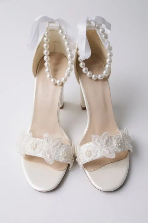 FOREVER & ALWAYS SHOES Elvian Floral Block Heel Bridal Sandals With Pearl Ankle Strap