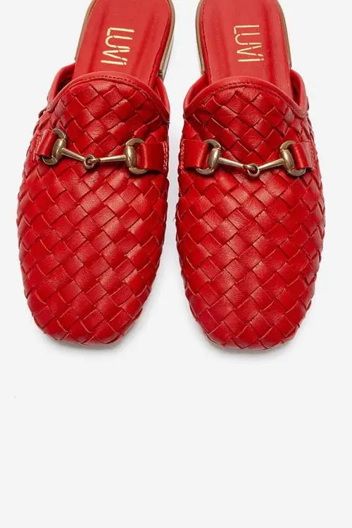 FOREVER & ALWAYS SHOES Senia Leather Woven Mule With Gold Hardware - Red
