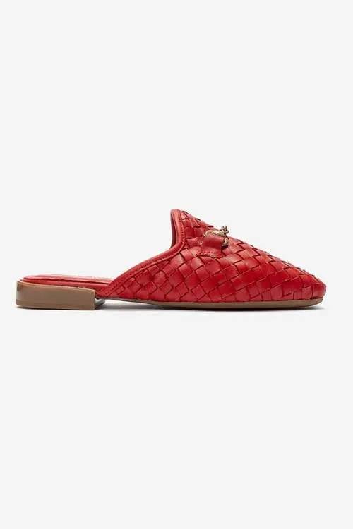 FOREVER & ALWAYS SHOES Senia Leather Woven Mule With Gold Hardware - Red