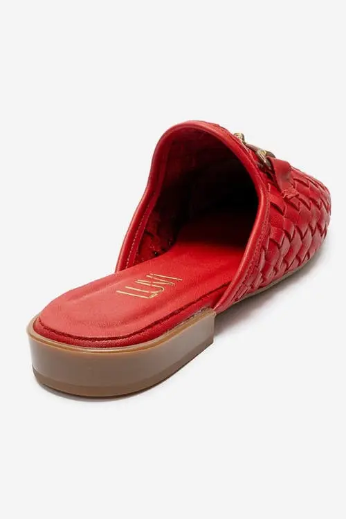 FOREVER & ALWAYS SHOES Senia Leather Woven Mule With Gold Hardware - Red