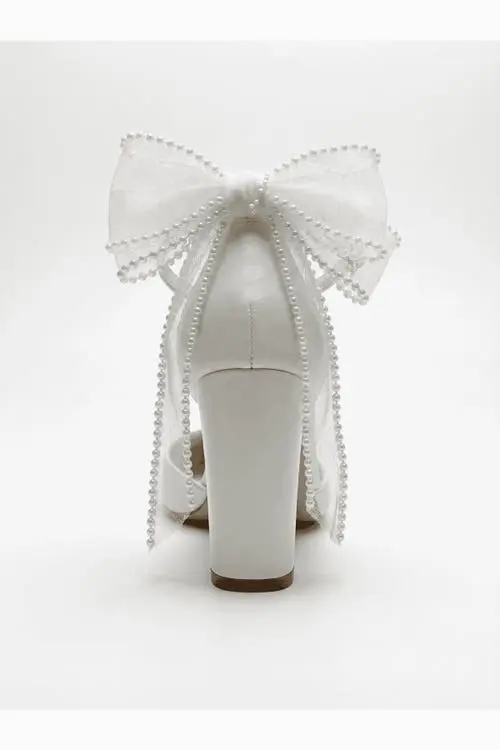 FOREVER & ALWAYS SHOES Elvienne Pointed Toe Block Heel Bridal Sandal With Bow Detailing