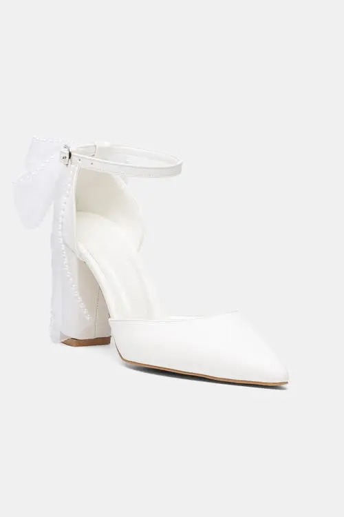 FOREVER & ALWAYS SHOES Elvienne Pointed Toe Block Heel Bridal Sandal With Bow Detailing