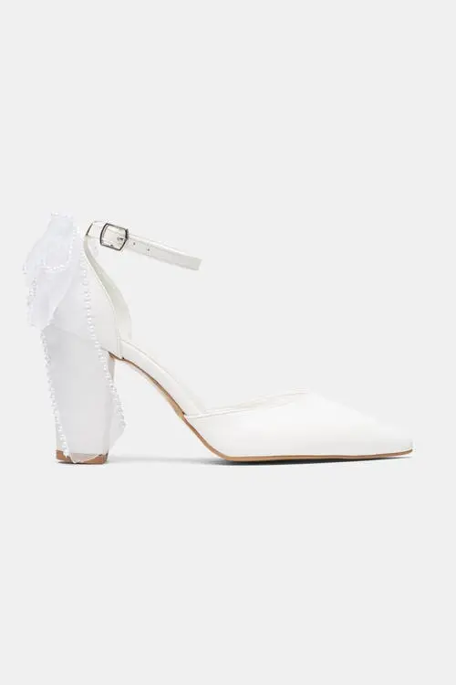 FOREVER & ALWAYS SHOES Elvienne Pointed Toe Block Heel Bridal Sandal With Bow Detailing