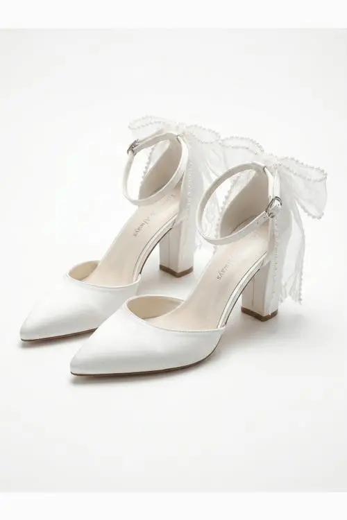 FOREVER & ALWAYS SHOES Elvienne Pointed Toe Block Heel Bridal Sandal With Bow Detailing
