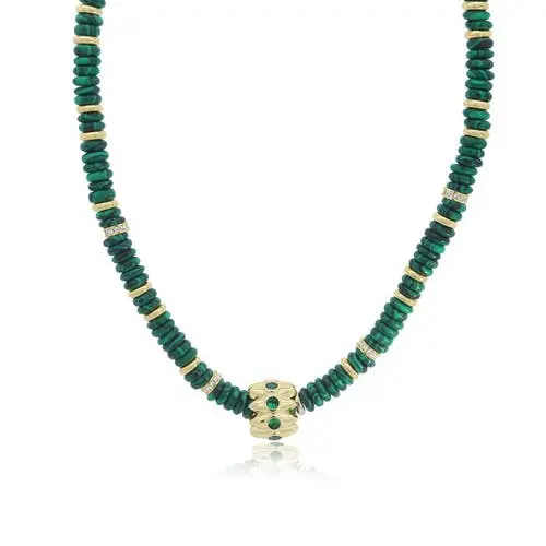 THE LOVERY FINE JEWELRY And Cubic Zirconia Bead Rondel Necklace In 18k Gold Plated Brass - Malachite