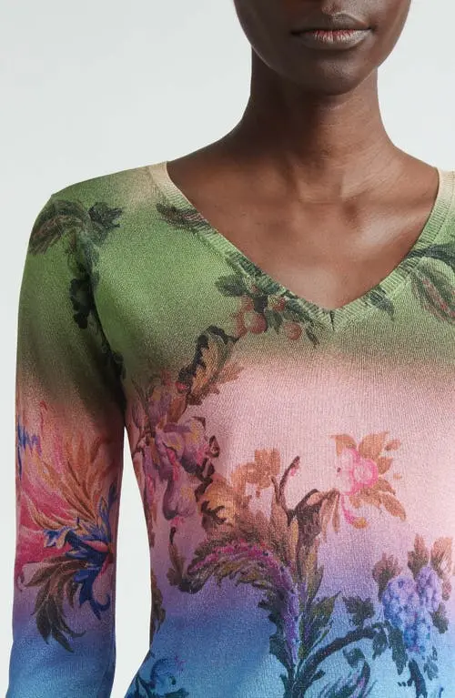 Etro Metallic Floral Ombré V-neck Sweater