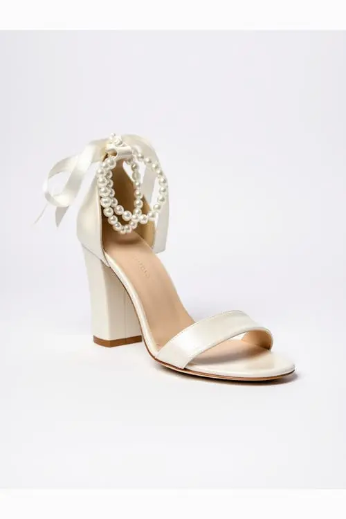 FOREVER & ALWAYS SHOES Caelis Pearl Ankle Strap Block Heel Sandal - Ivory