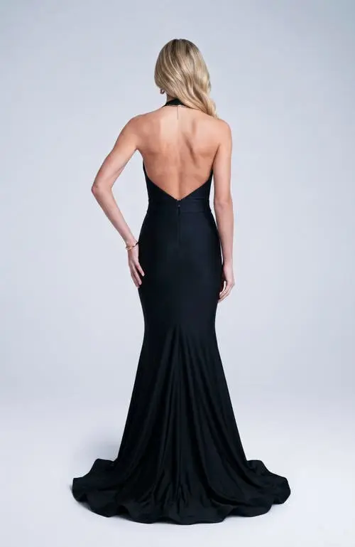 JESSICA ANGEL Plunging Halter Neck Mermaid Evening Gown - Black